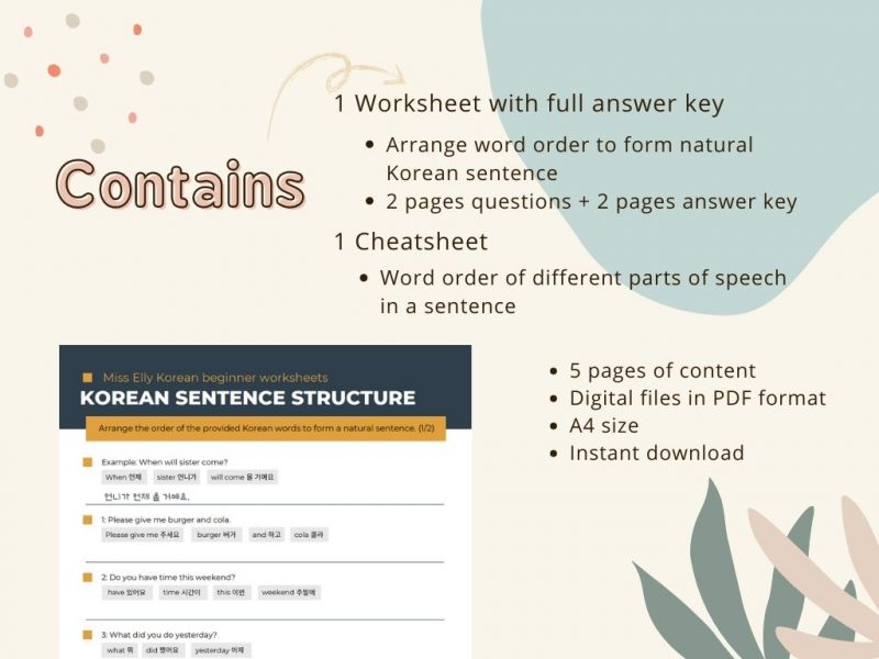 Korean sentence structure PDF cheatsheet worksheet set - Miss Elly Korean