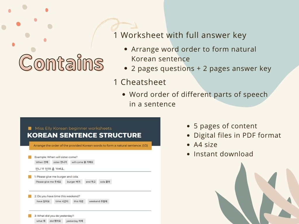 Korean Sentence Structure PDF Cheatsheet Worksheet Set Miss Elly Korean