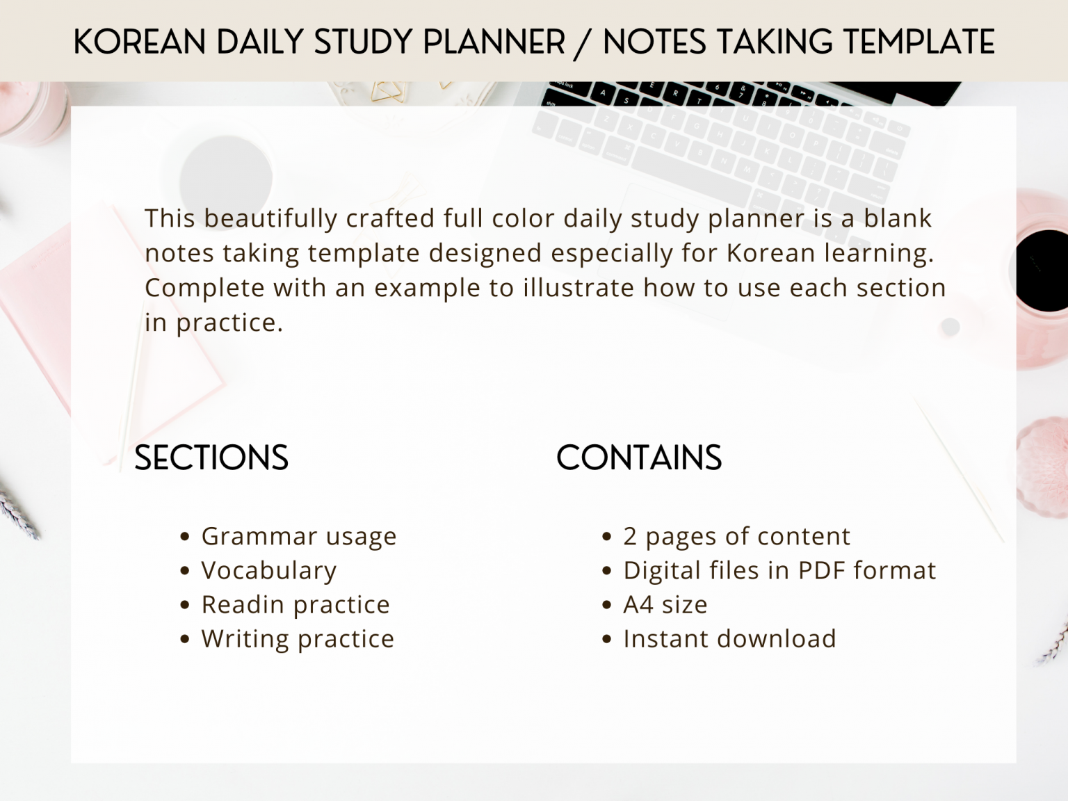 Korean daily study planner notes taking template PDF - Miss Elly Korean